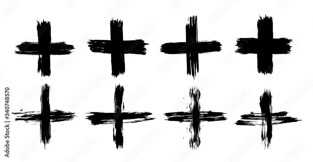 Set of plus signs in grunge style. 8 highly detailed and different ...