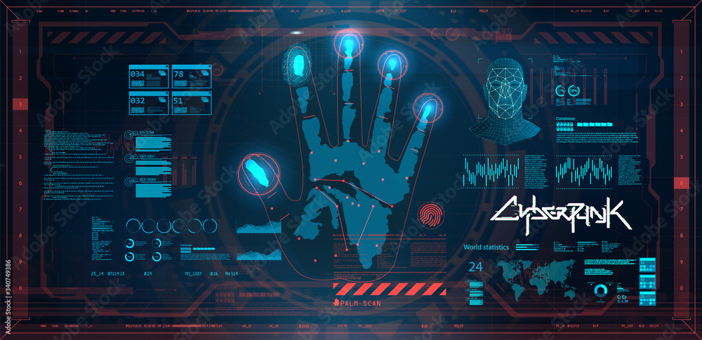 Futuristic scanning hand, palm, fingers and face in HUD style ...