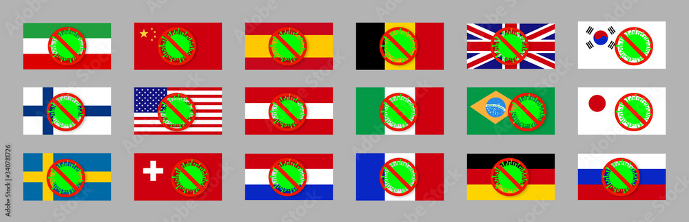 Set of flags. Virus molecule, together stop pandemic. Coronavirus Covid ...