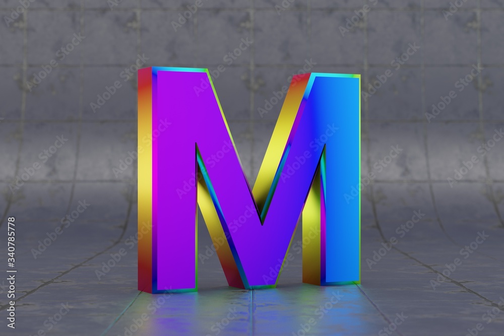 Multicolor 3d letter M uppercase. Glossy iridescent letter on tile ...