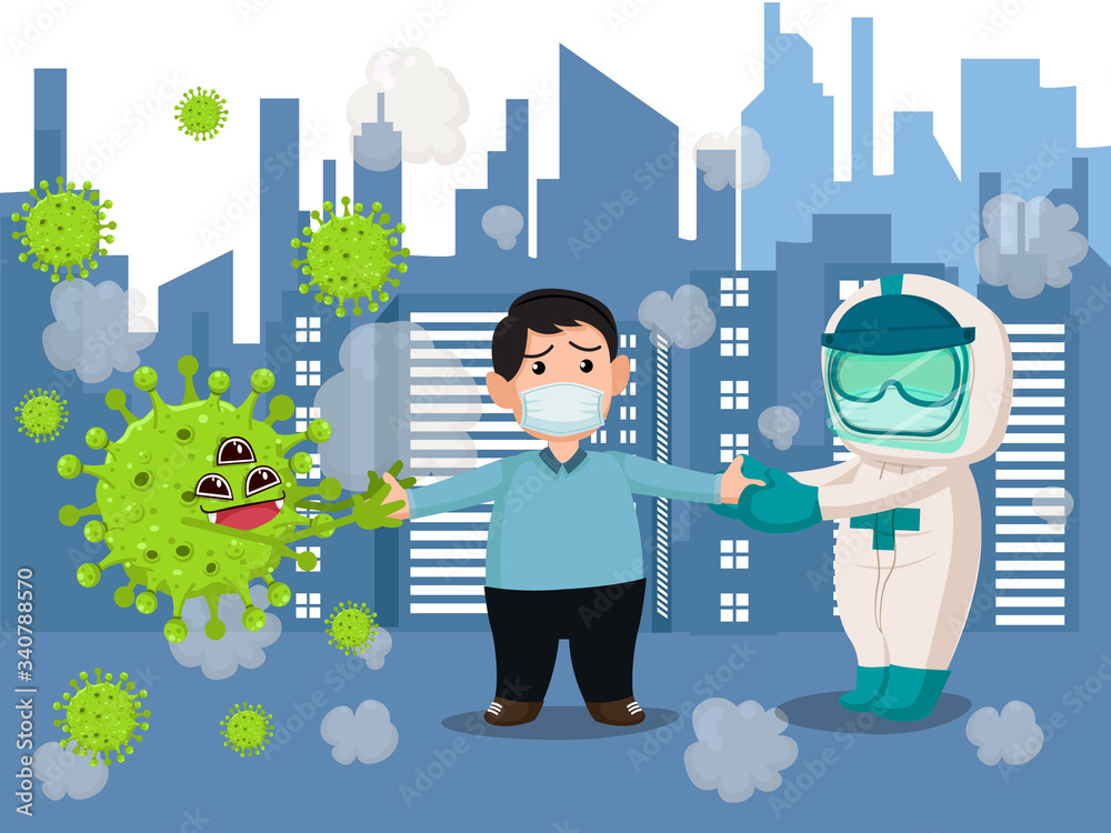 Cartoon character with professional doctors wearing protective and ...