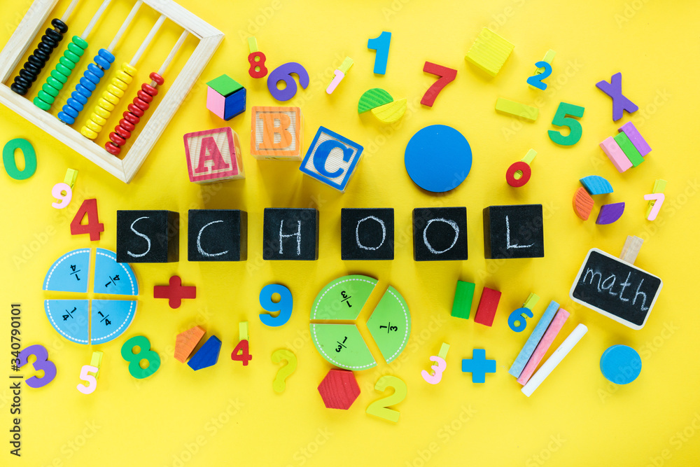 Colorful math fractions on yellow, background. Blocks with title School ...