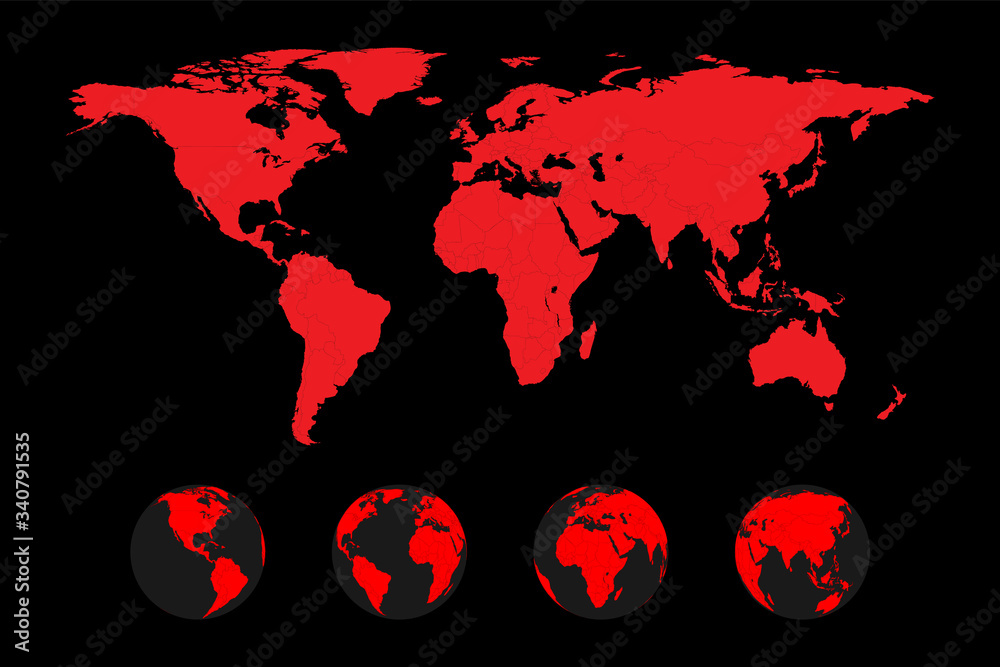 poster with red global world map with country borders globe and ...