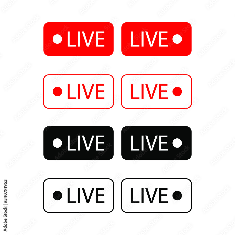 Set of live streaming icons. Red symbols and buttons of live streaming ...