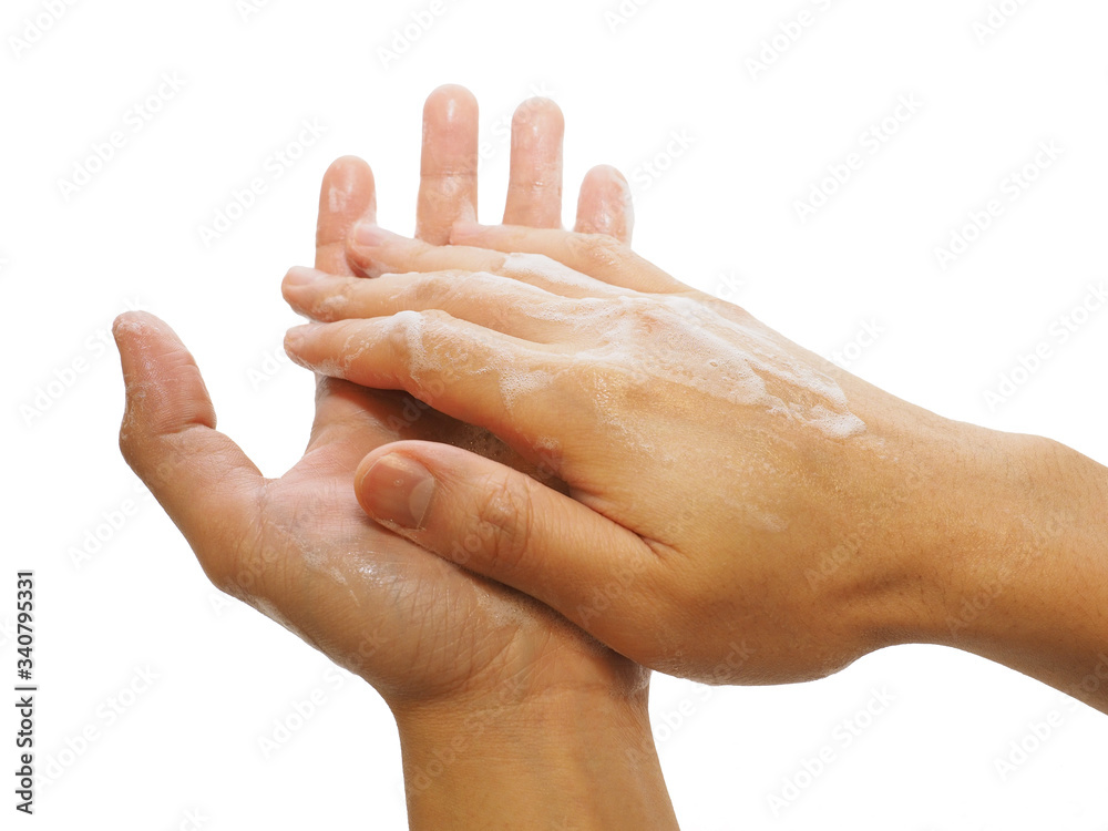 proper hand washing: soap suds all over left and right hands Stock ...