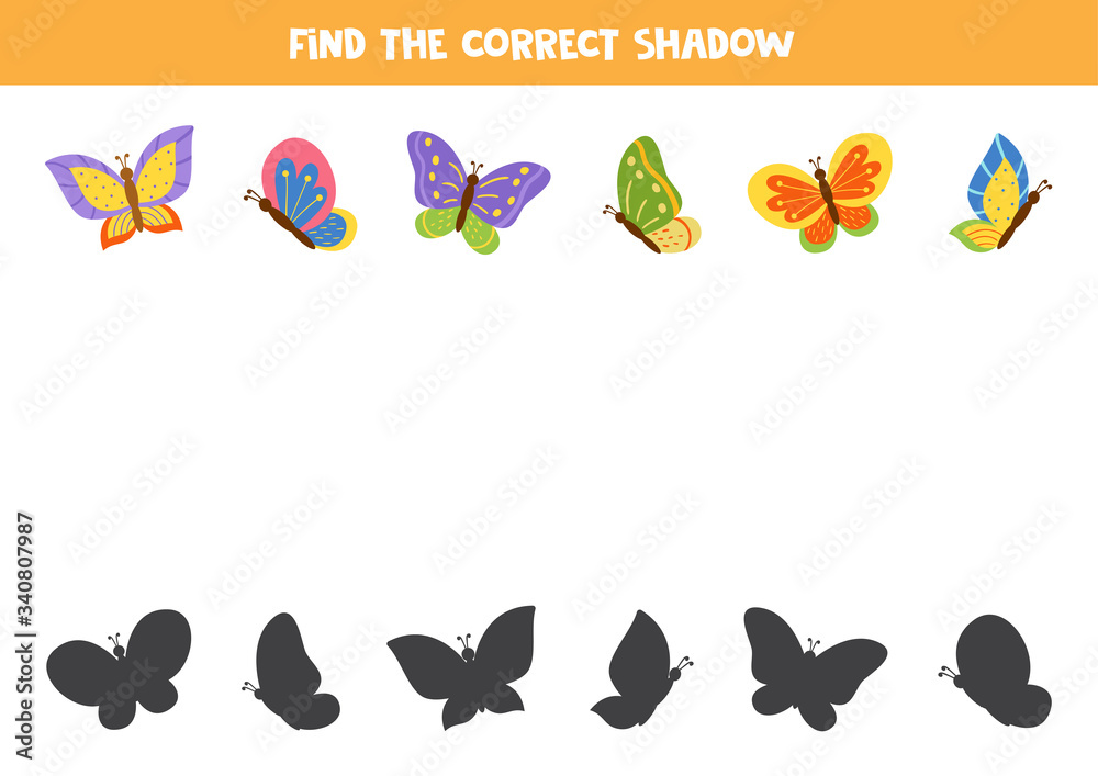 Find the right shadow of cartoon butterflies. Stock Vector | Adobe Stock