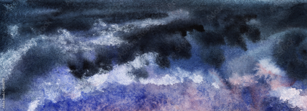 Abstract watercolor background of stormy heavens. Dark, dramatic clouds ...