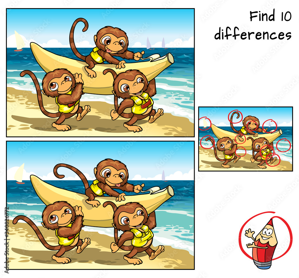 Three little monkeys are going to ride a banana. Find 10 differences. Educational game for ...