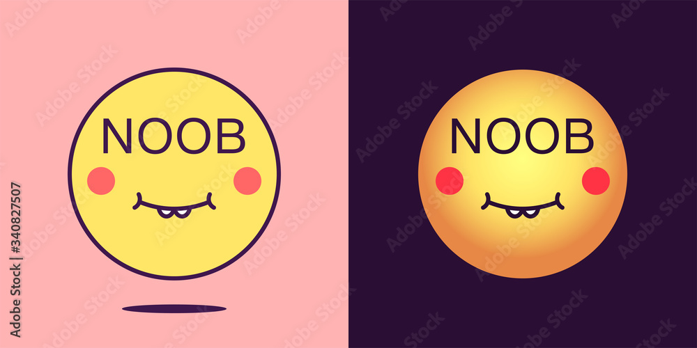 Emoji face icon with phrase Noob. Unskilled emoticon with text Noob ...