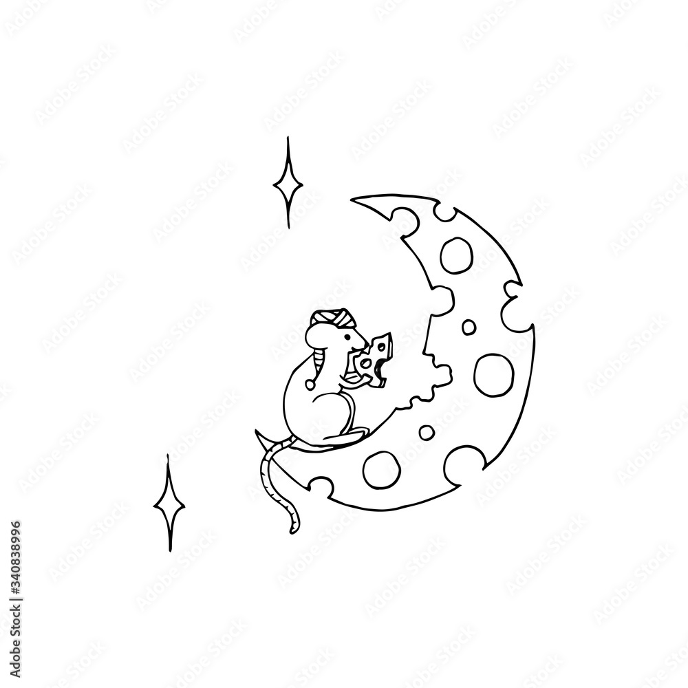 Vector llustration of cute mouse eating moon shaped of cheese. Black ...