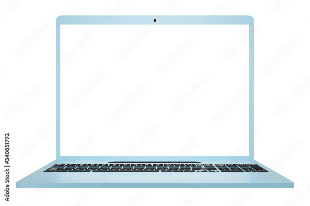Front view of blue computer laptop with white screen, isolated on white ...