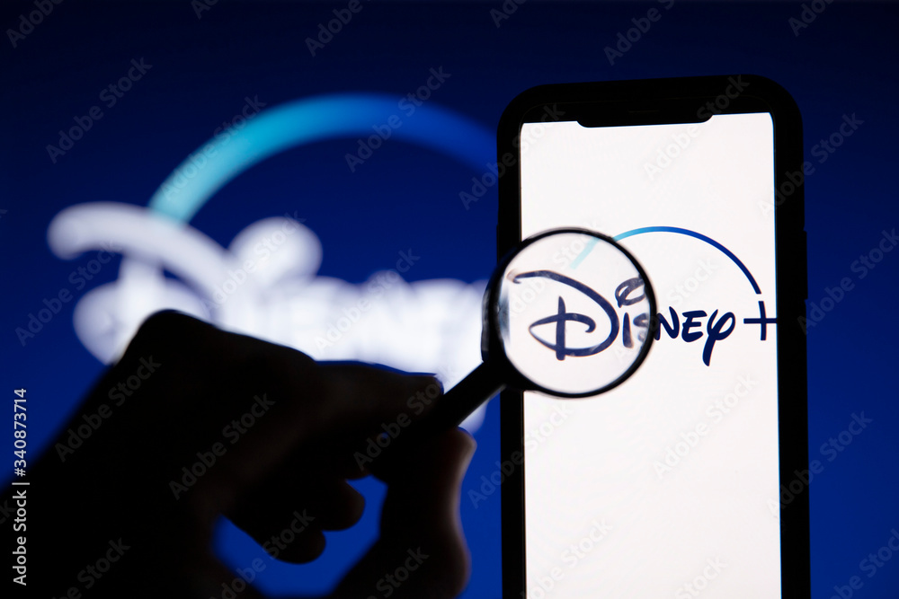 LONDON, UK - April 17 2020: Disney streaming service logo under a ...