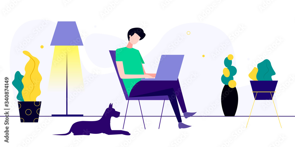 Working at home, coworking space, concept illustration. Young man ...