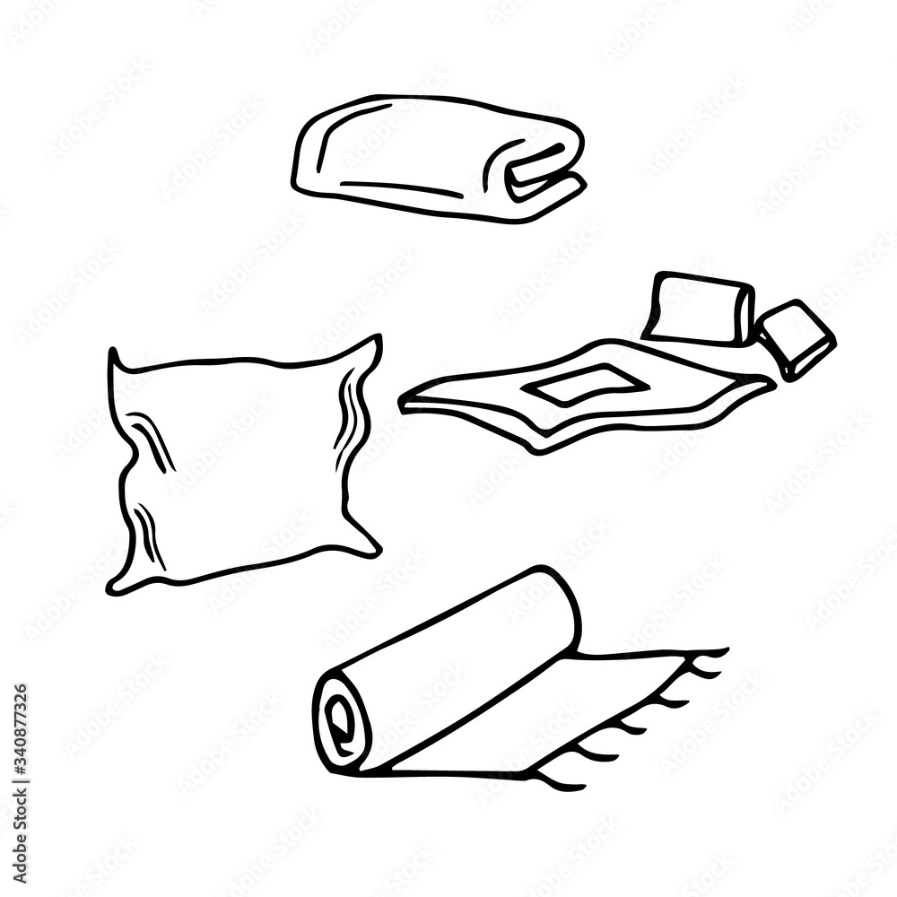Doodle set of four elements of bed linen. The illustration consists of ...