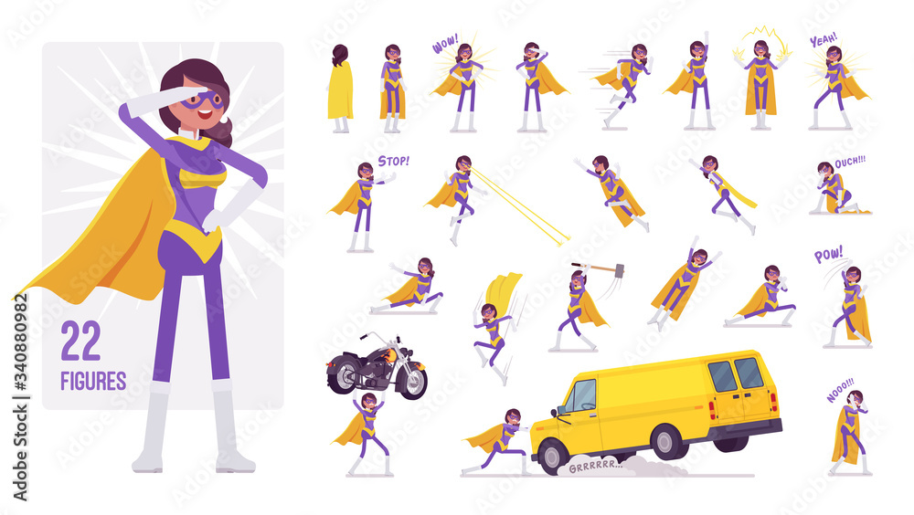 Female super hero in bright costume character set. Supergirl cape ...