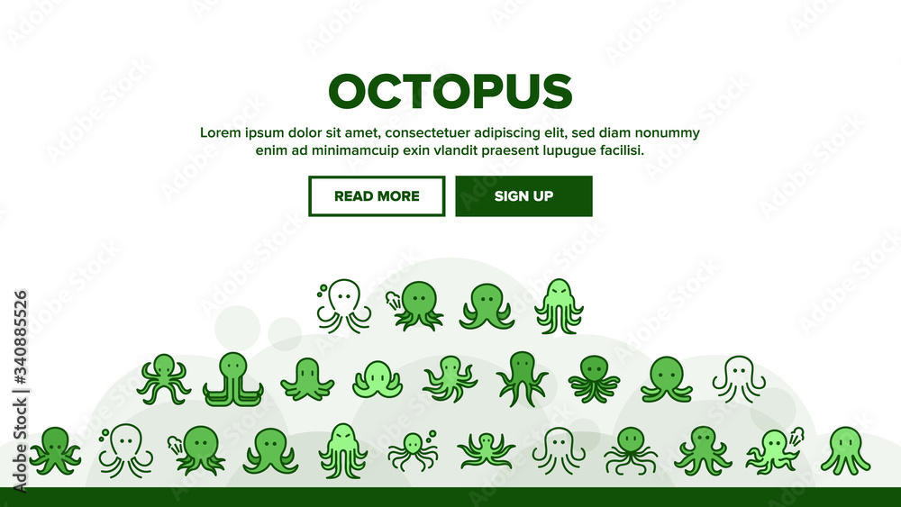 Octopus Ocean Mollusk Landing Web Page Header Banner Template Vector ...