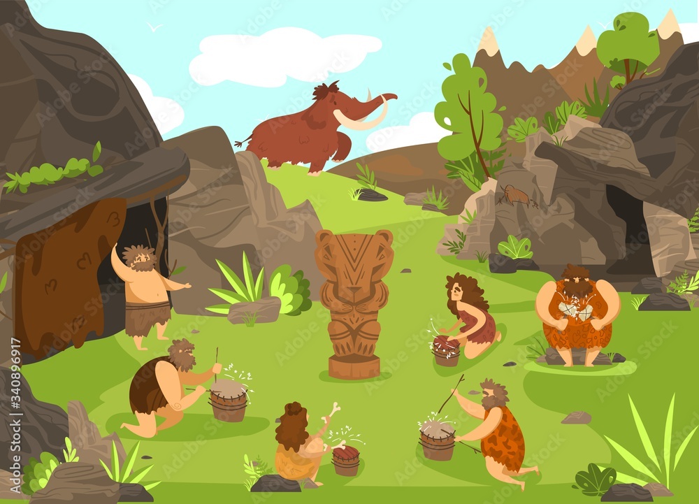 Vetor de Primitive people prehistoric cartoon vector illustration ...