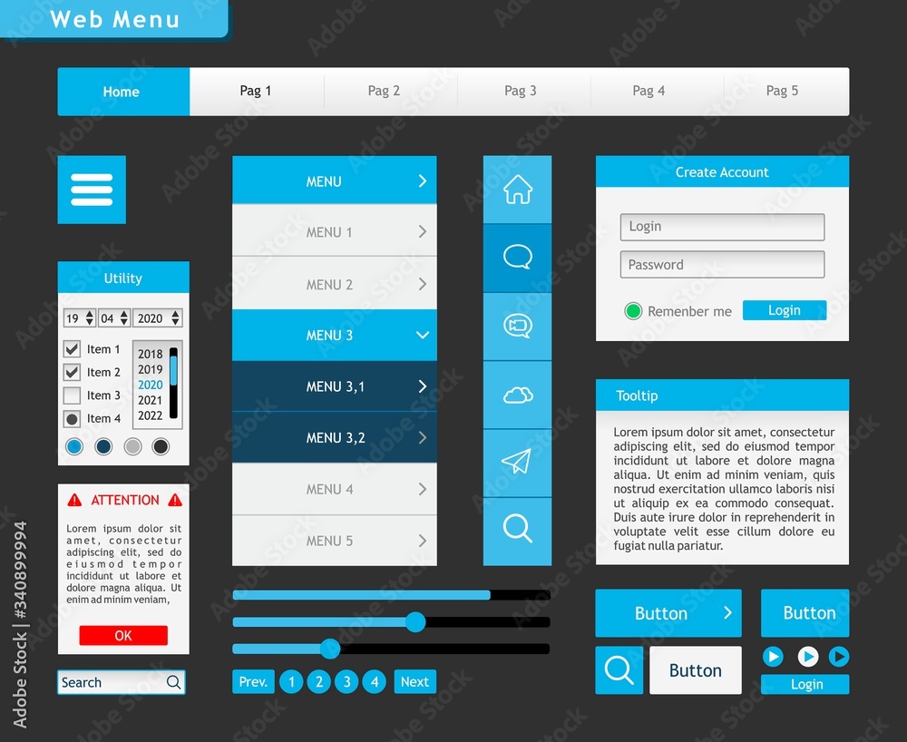 web menu template. Illustration of a toolkit for website. menu, button ...
