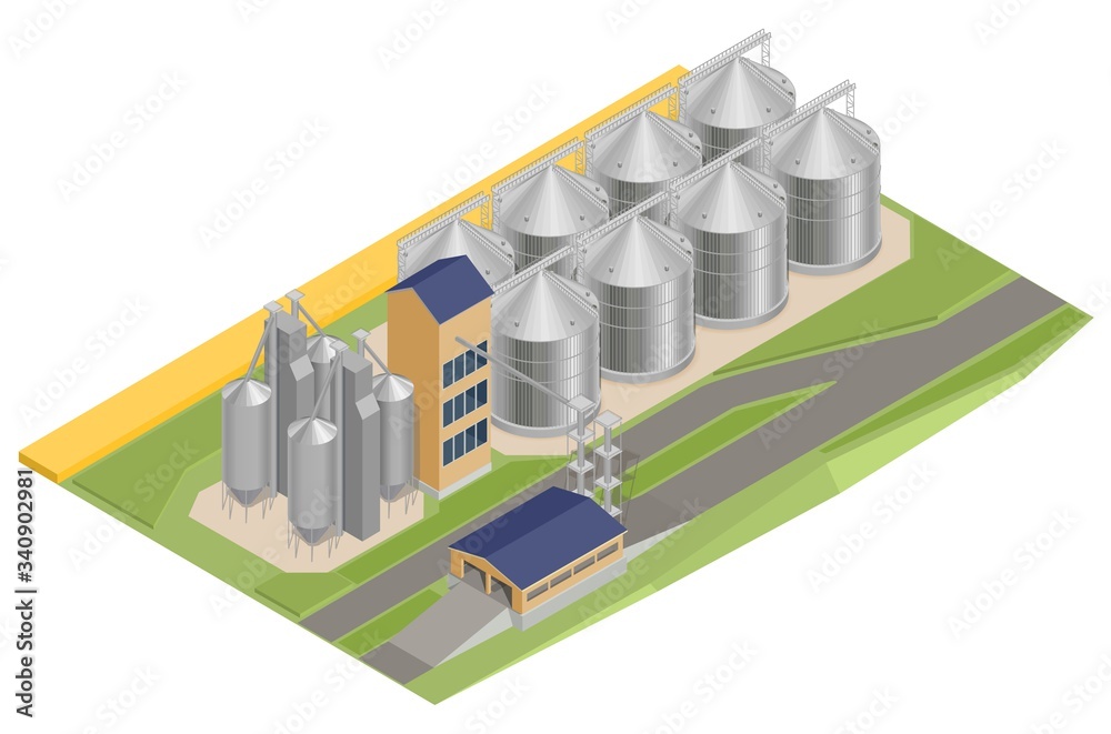 Vector illustration of a silo with grain, elevator, granary, factory ...