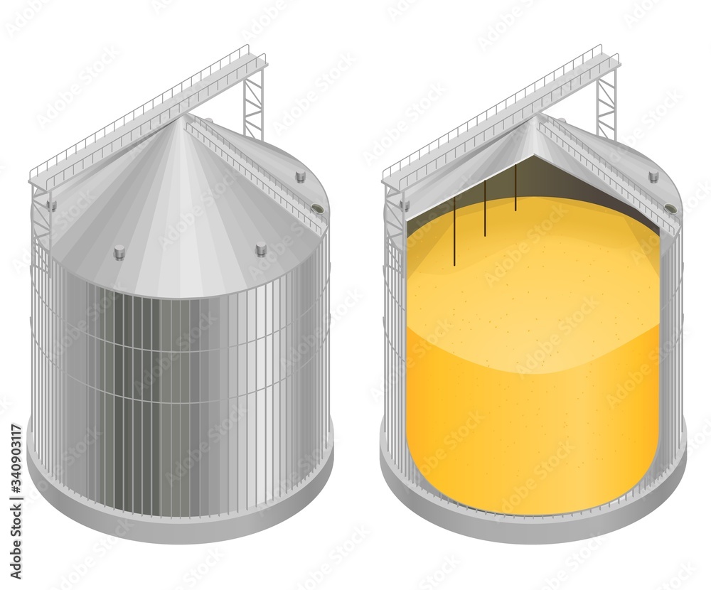 Vector illustration of a silo with grain in a section, a diagram of the ...