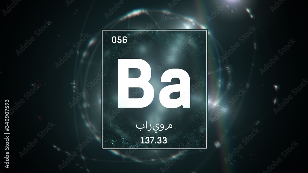 3D illustration of Barium as Element 56 of the Periodic Table. Green ...