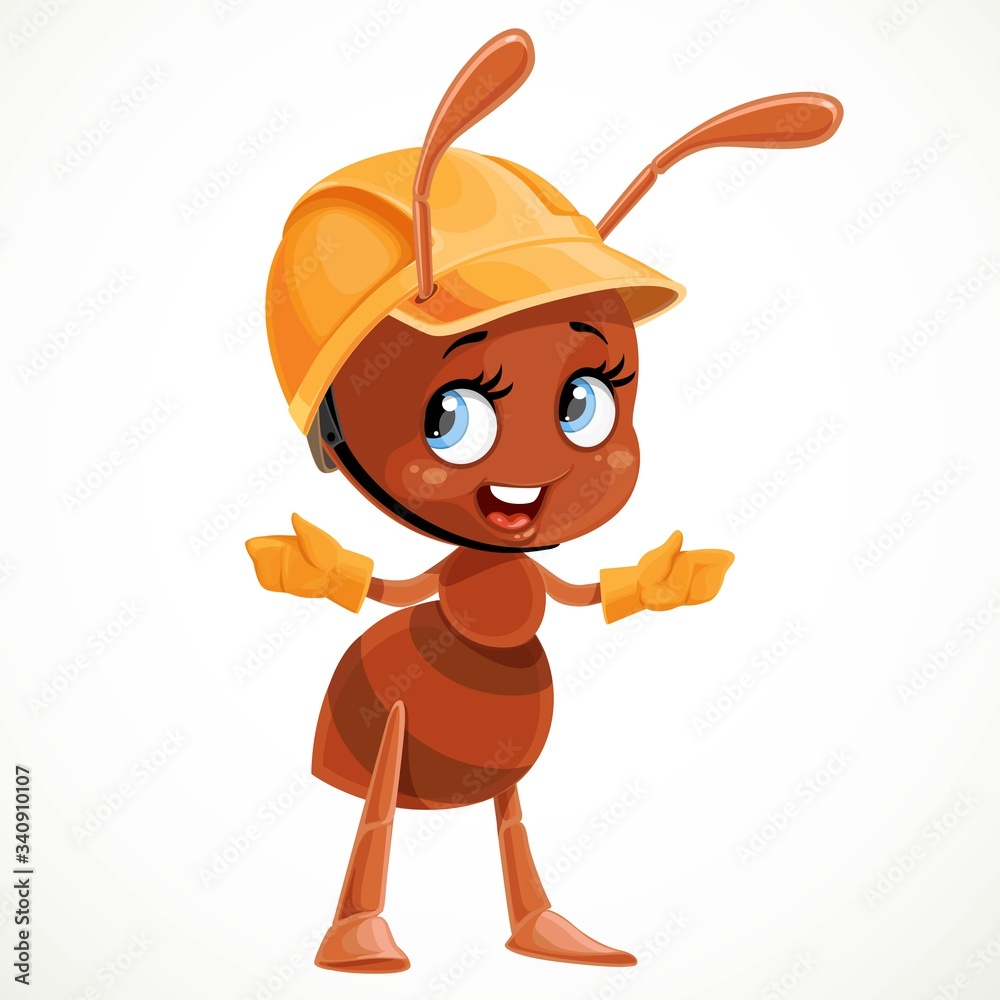 Cute cartoon ant in a construction helmet shows to the side and tells ...