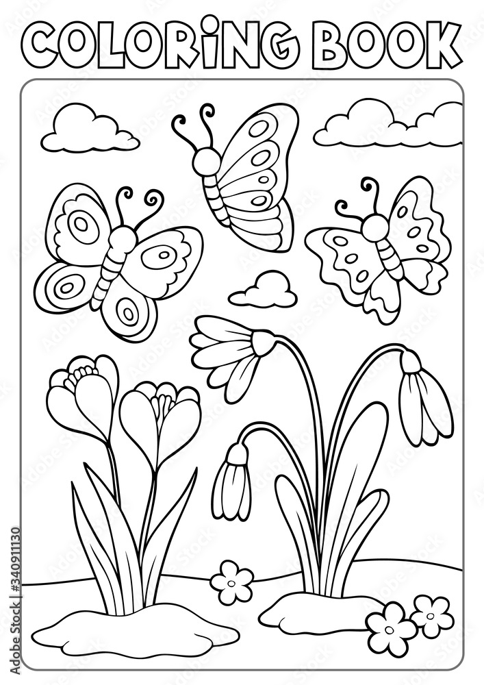 Coloring book spring flowers and butterflies Stock Vector | Adobe Stock
