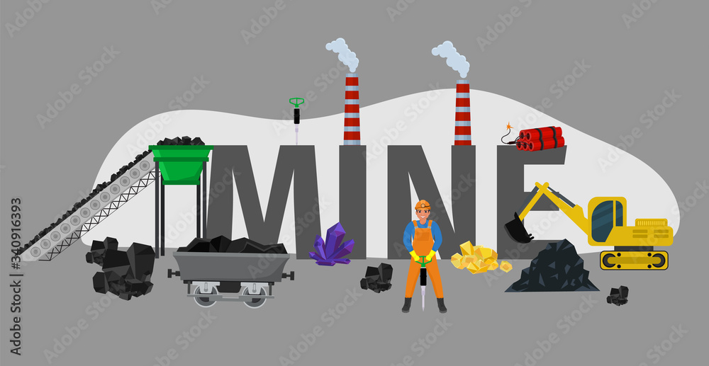 Mine font type, character coal miner mining, isolated on grey, flat ...