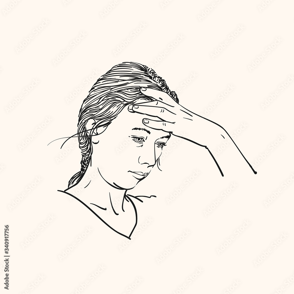 Sketch of young woman has headache holding hand on her head, Hand drawn ...