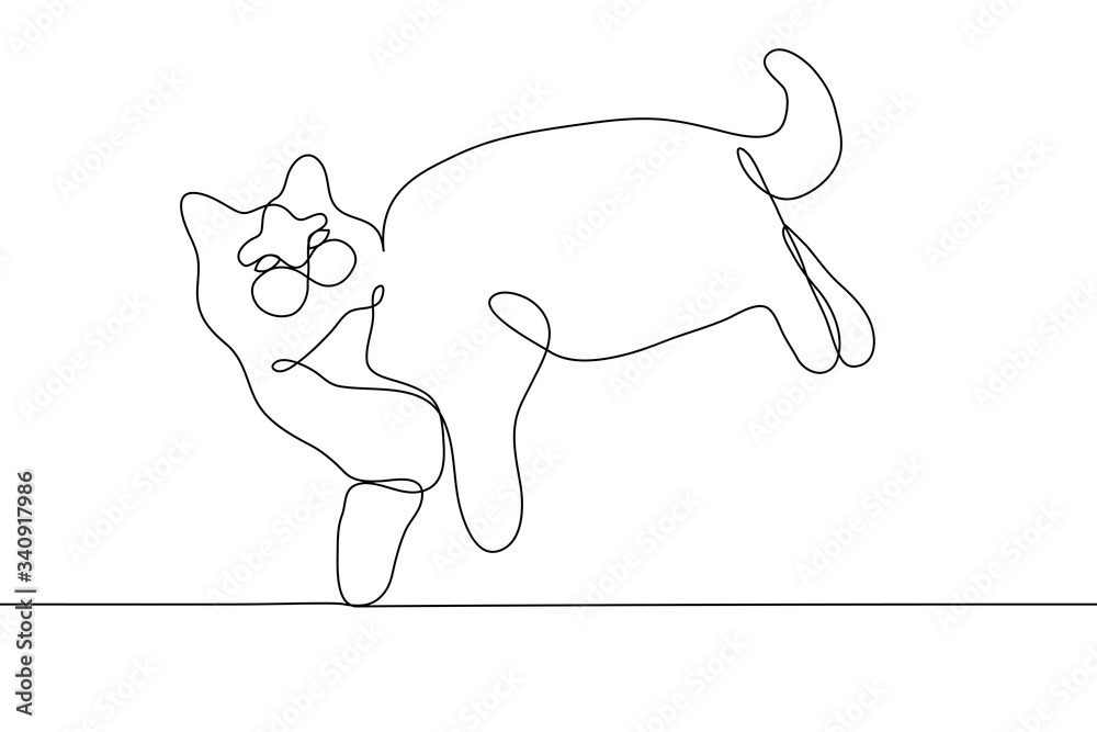Thick fluffy cat silhouette one continuous line art on a white ...