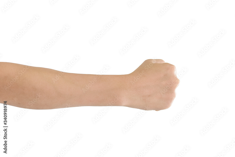 Hand with fist gesture back side, Isolated on white background. Object ...
