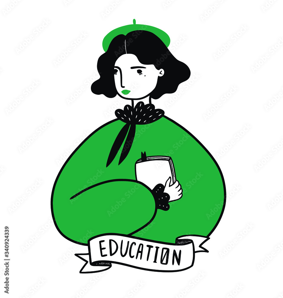 Vector cartoon illustration of girl with a book in her hands. Student ...
