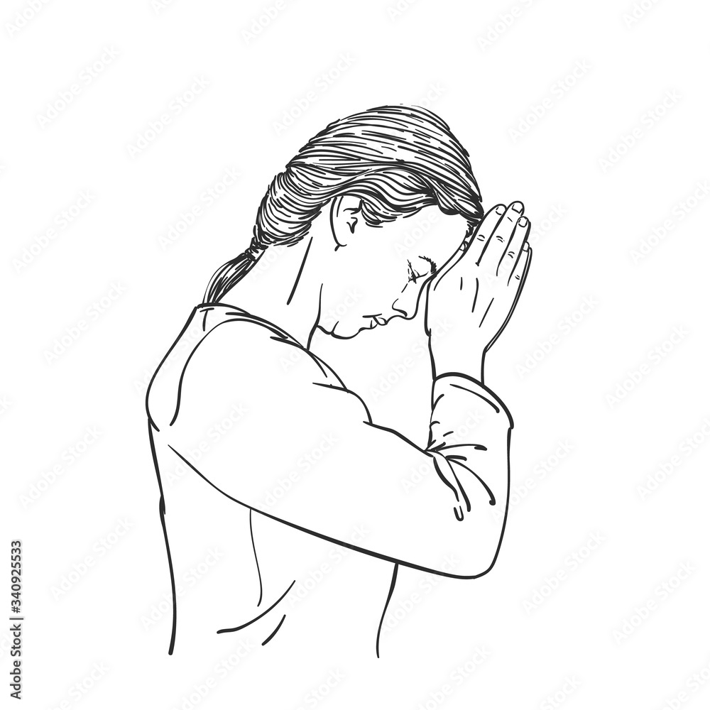 Sketch of woman praying with hands folded in worship touching the ...