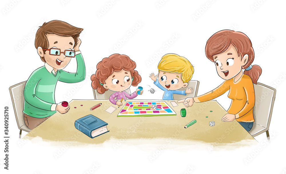 Cartoon Kids Playing Board Games