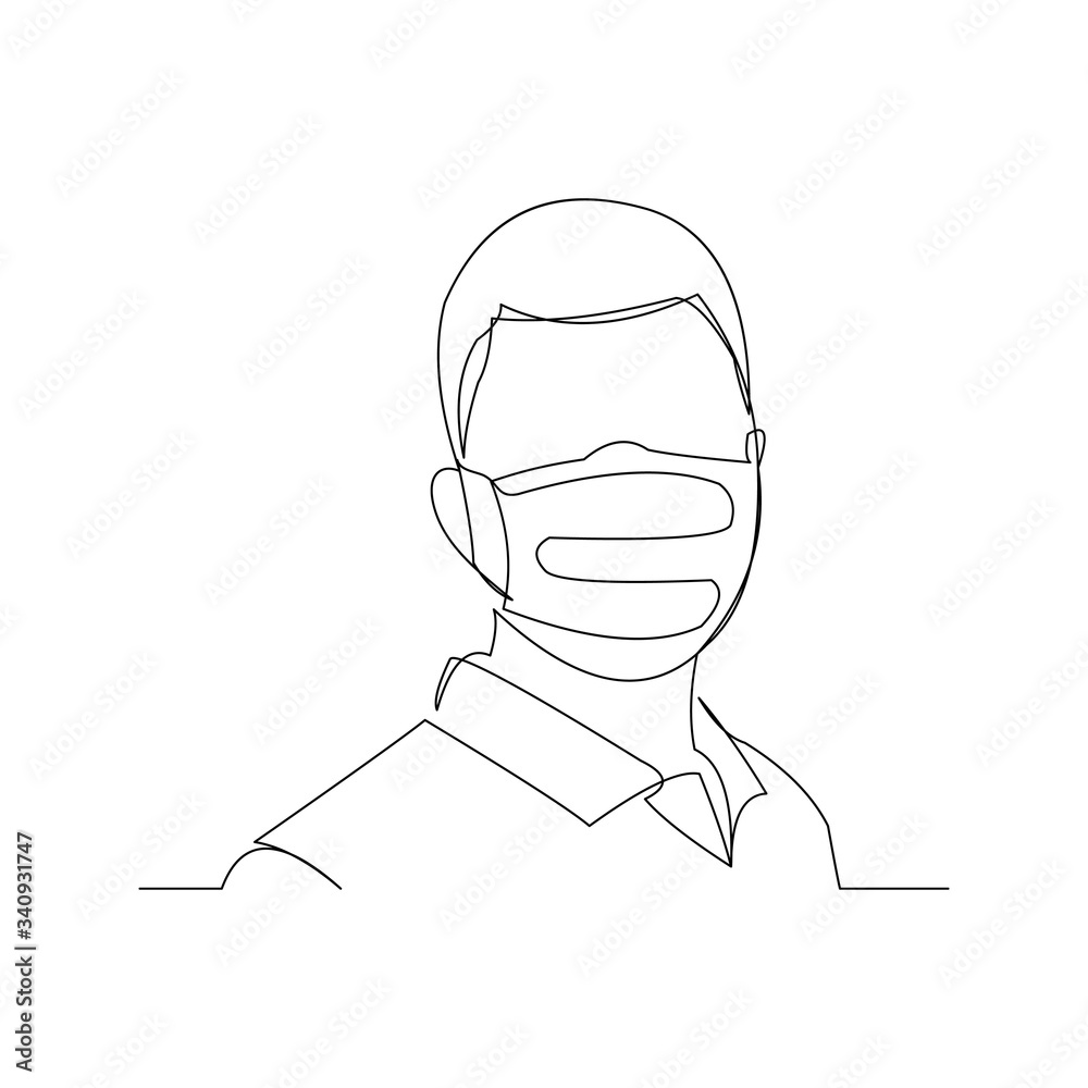 Continuous line drawing of man wearing surgical mask to protect disease ...