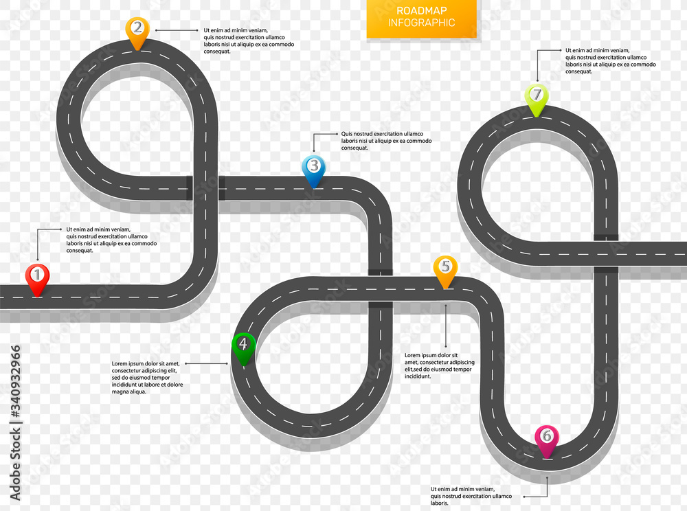 Highway roadmap with pins. Infographic design template with place for ...