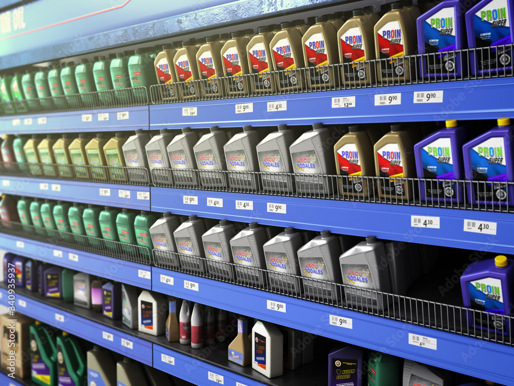 set of different types of engine oil cans on shalwes presentation ...