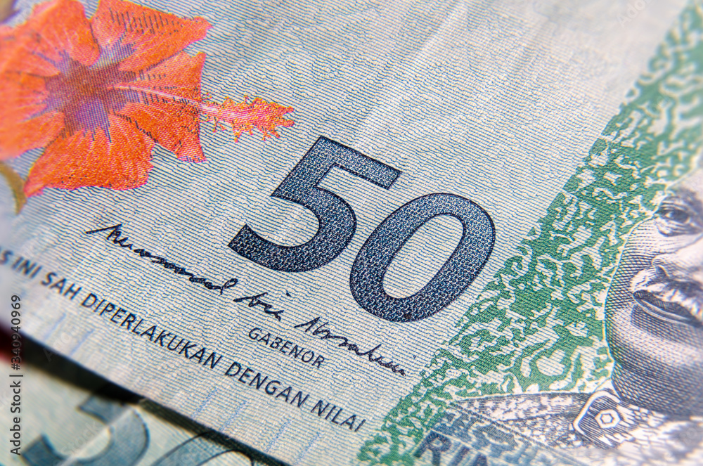Super macro photography of 50 Ringgit Malaysia. Extreme close up on a ...