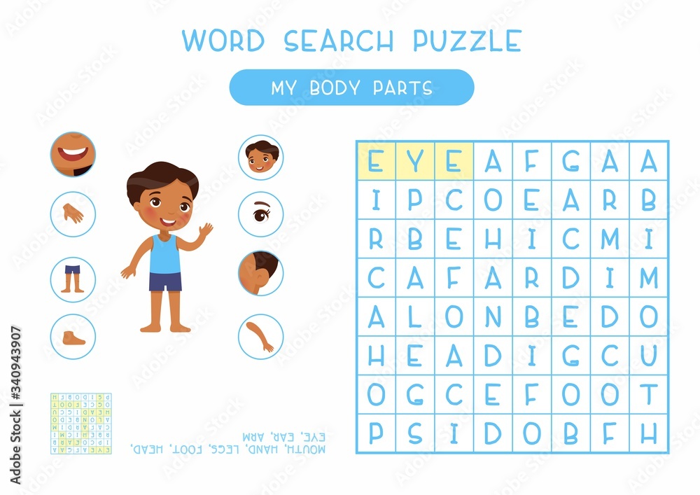 My body parts word search puzzle flat vector design. Anatomy learning ...