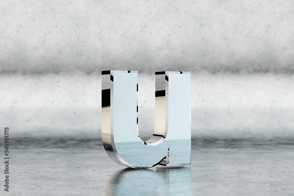 Chrome 3d letter U lowercase. Glossy chrome letter on scratched metal ...