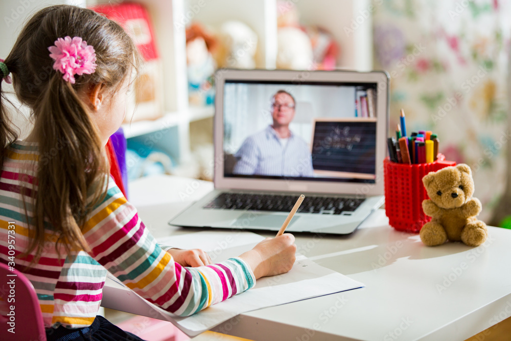 Middle-aged distance teacher having video conference call with pupil ...