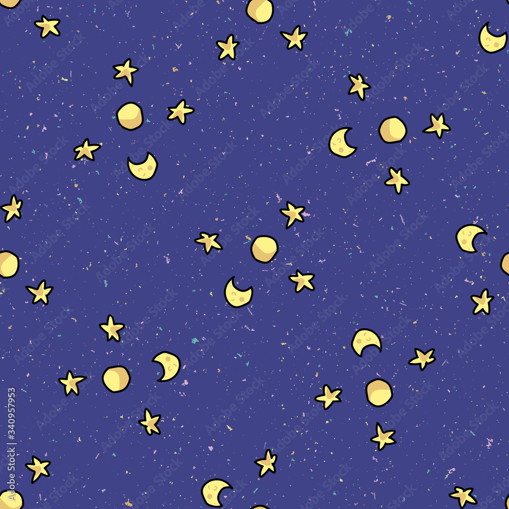 Cosmic star and moon background seamless vector pattern. Hand drawn ...