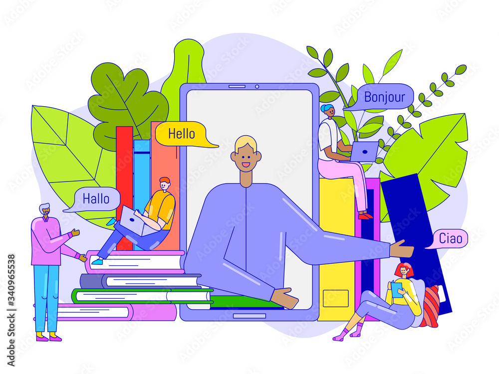 Foreign language learning course concept, online translation service ...