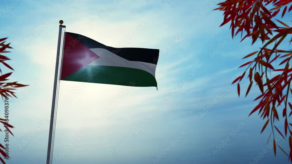 Palestine flag flying through trees with sun. Backlit Palestinian ...