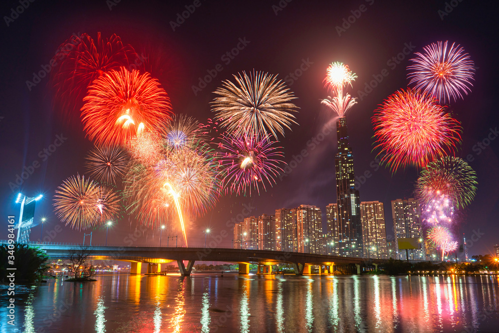 Celebration. Skyline with fireworks light up sky over Landmark 81 ...