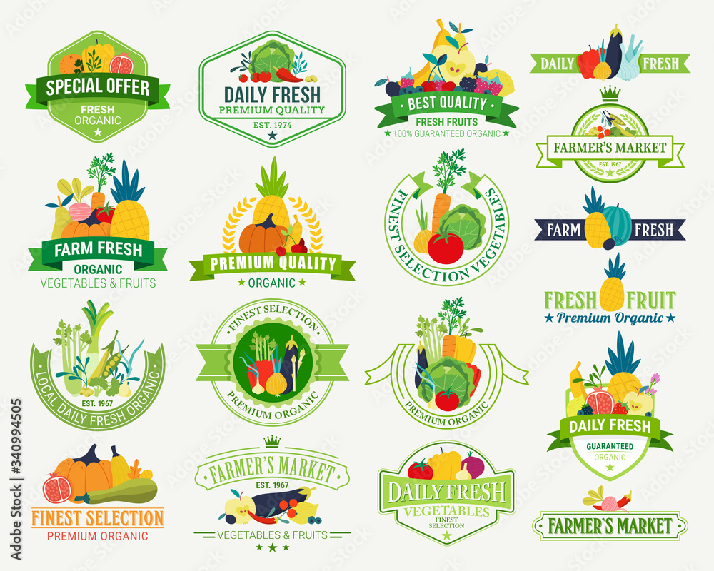 Fruits and Vegetables Logos, Labels, Fruits and Vegetables Icons Stock ...