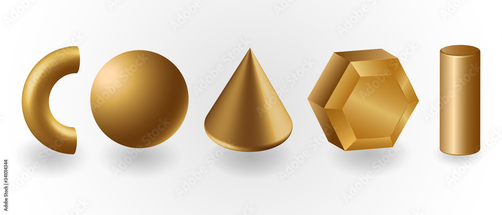 Set of colorful metallic realistic glossy 3d gold shapes isolated on ...