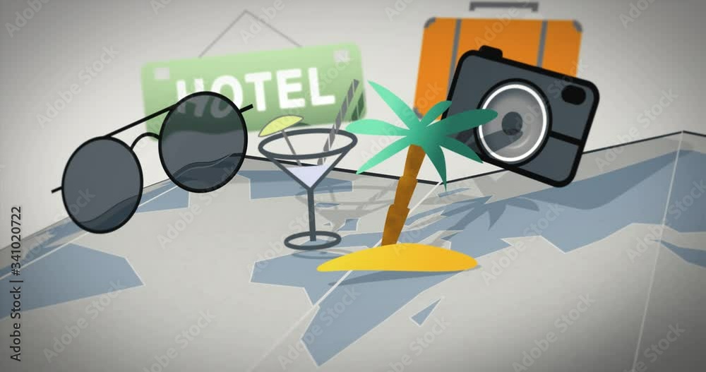 Fold world map with vacation icons popping out. Close-up. Digital ...