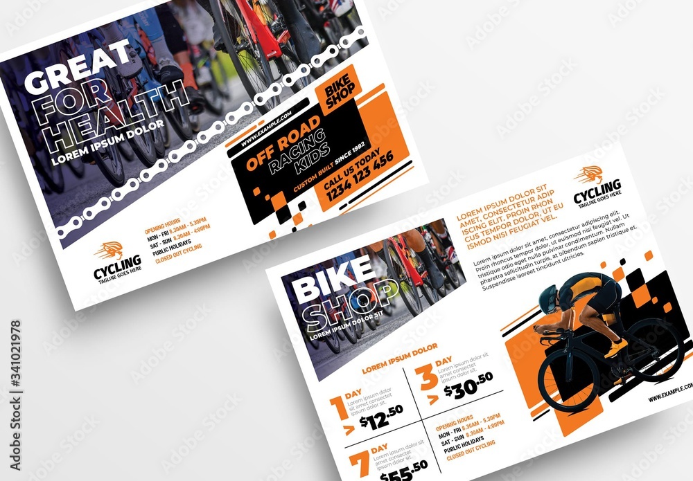 Cycling Shop Flyer Layout with Orange Swash Stock Template | Adobe Stock