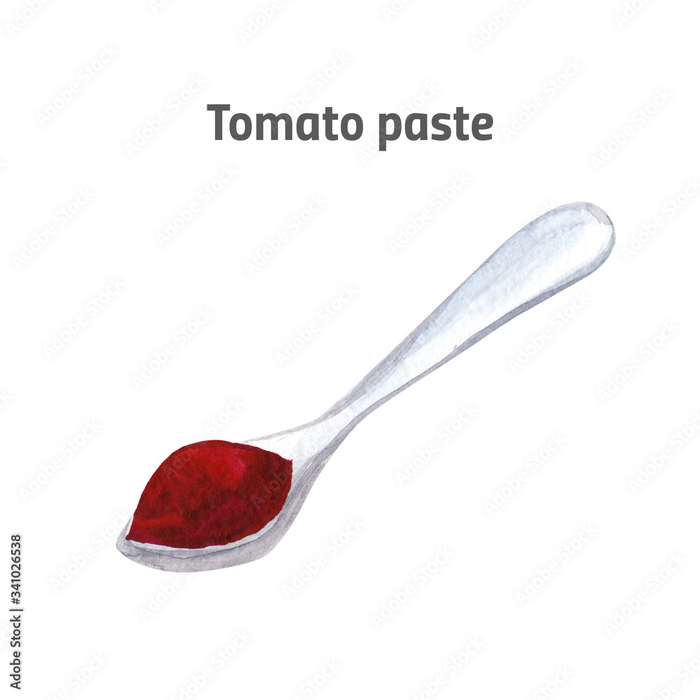Watercolor red tomato paste in a spoon hand drawn illustration isolated ...